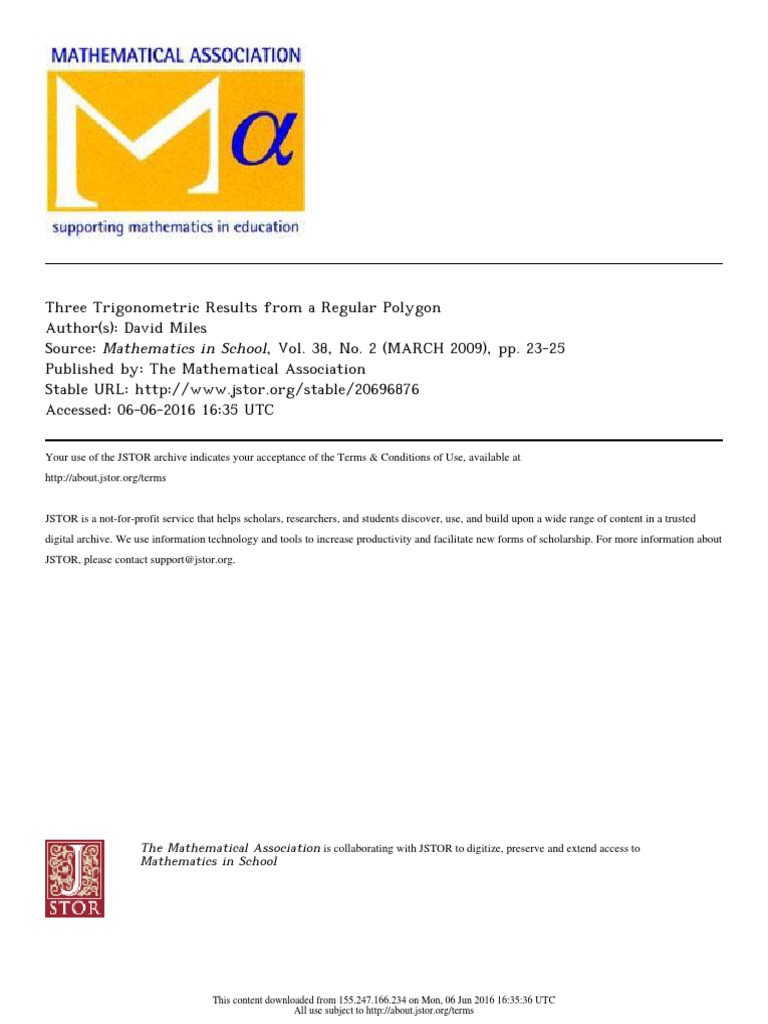 David Miles Three Trigonometric Results From A Regular Polygon Pdf Trigonometric Functions