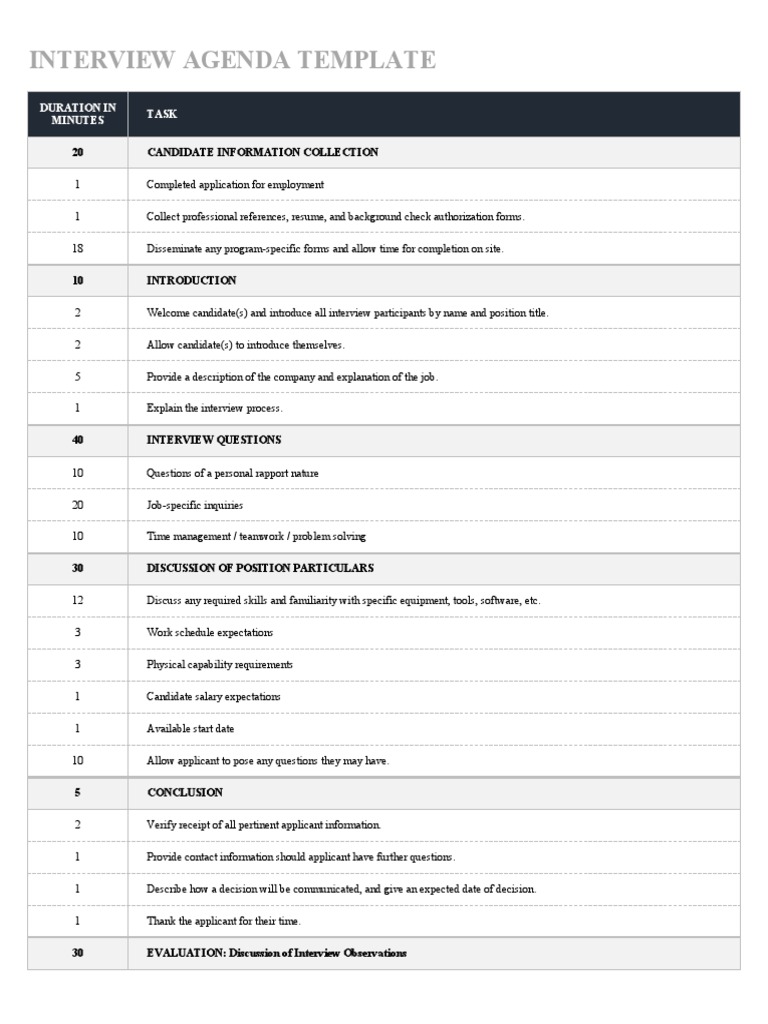 Interview Agenda Template: 20 Candidate Information Collection | PDF