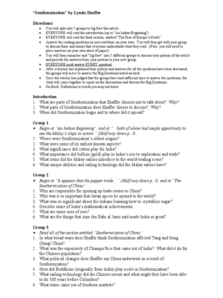 "Southernization" by Lynda Shaffer Directions:: See The Malay's Ships ...