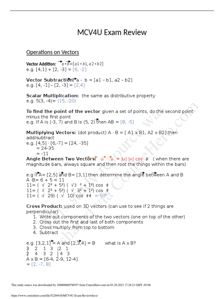 MCV4U Vector Operations Exam Review | PDF | Euclidean Vector | Plane ...