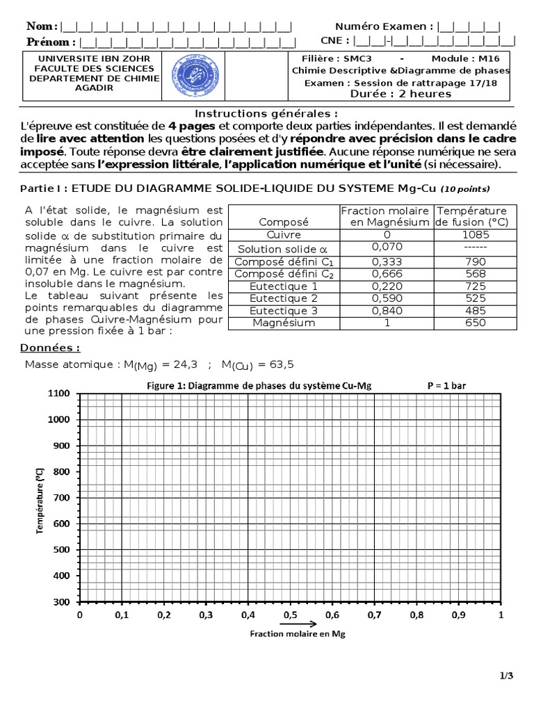 Examen Chimie SMC3: Diagrammes & Métaux | PDF | Réaction d'oxydoréduction | Diagramme de phase