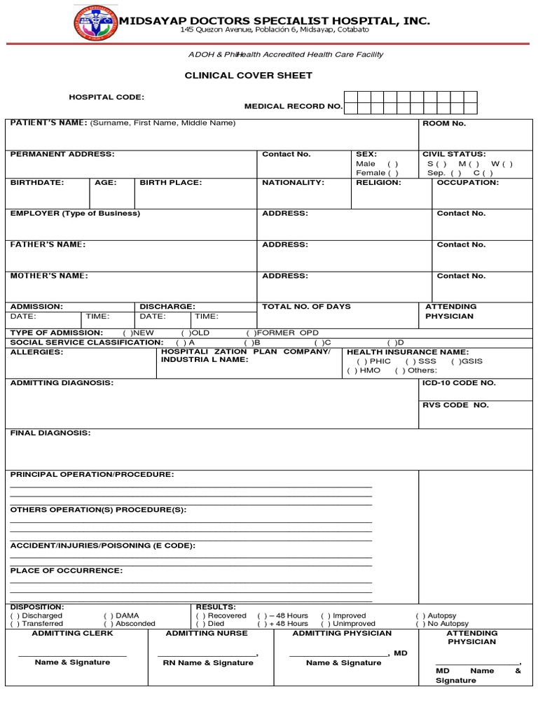 Midsayap Doctors Specialist Hospital, Inc.: Clinical Cover Sheet | PDF ...