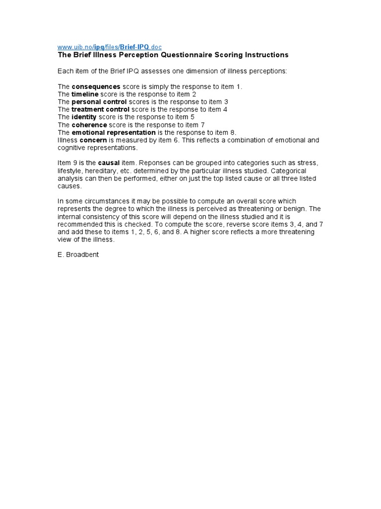 The Brief Illness Perception Questionnaire Scoring Instructions | PDF