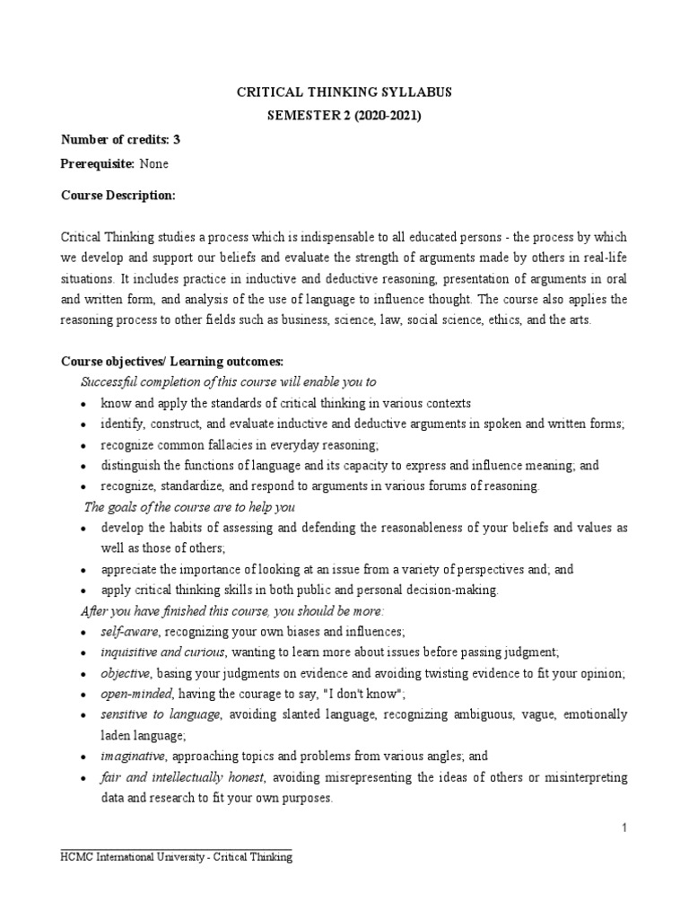 Critical Thinking Syllabus Sem 2-2020 | PDF | Deductive Reasoning | Argument