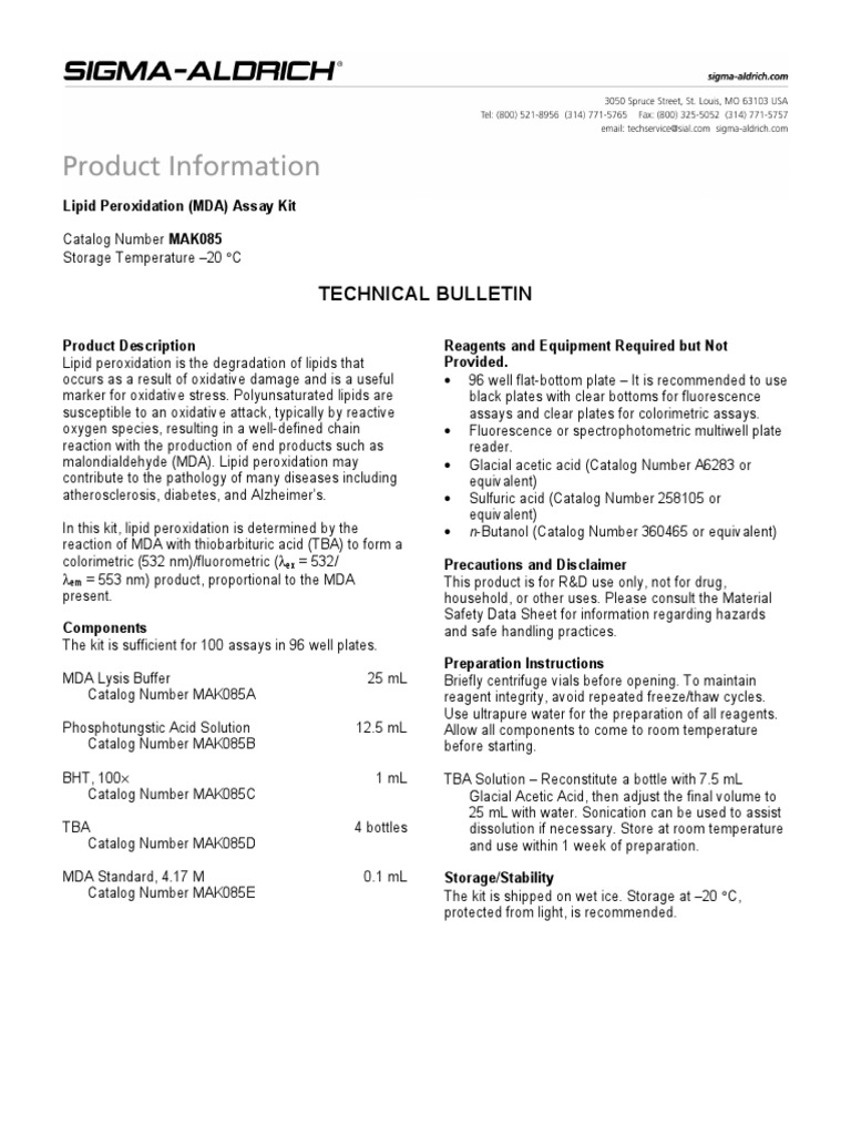 Mda Sigma Kit | PDF | Assay | Lipid Peroxidation