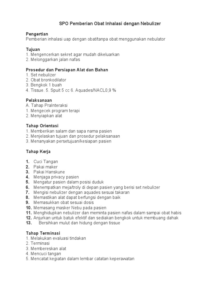 SPO Pemberian Obat Inhalasi Dengan Nebulizer | PDF
