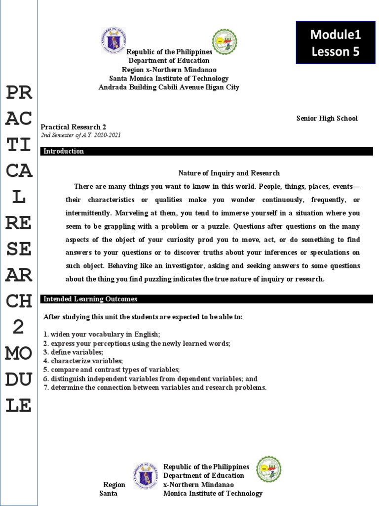 PR AC TI CA L RE SE AR CH 2 MO DU LE: Lesson 5 | PDF | Dependent And ...