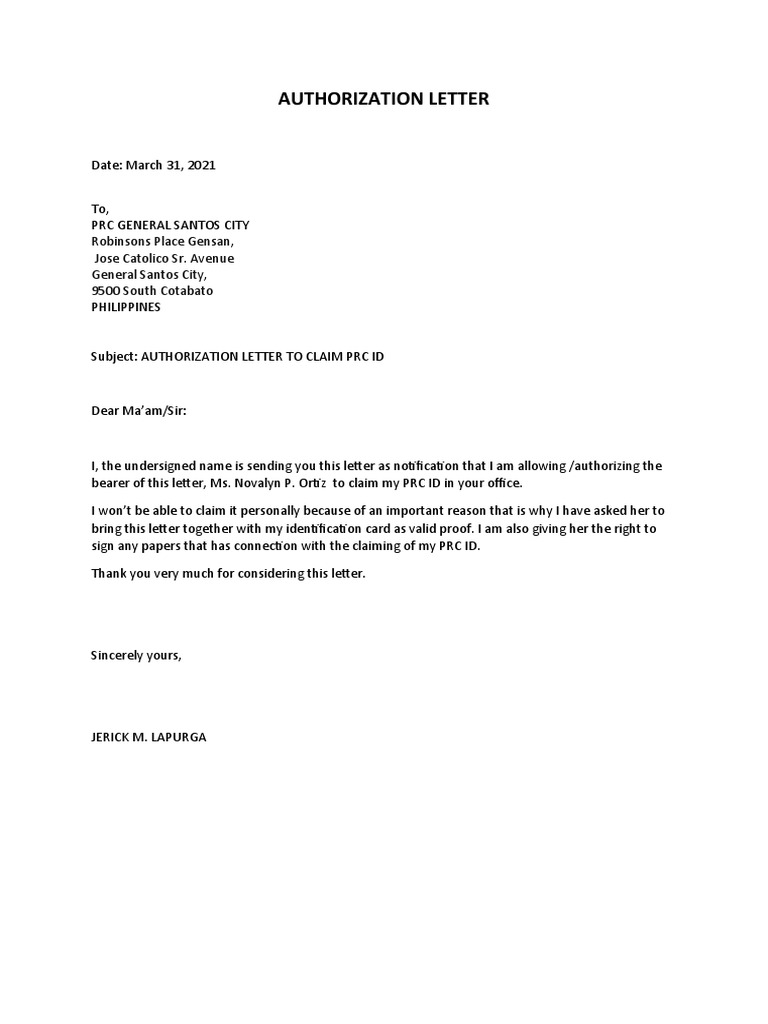 Authorization Letter To Claim Documents | PDF | Politics