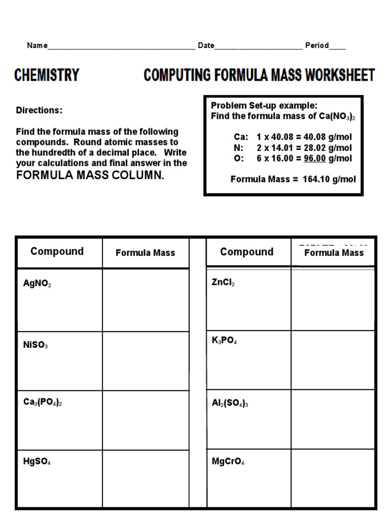 Formula Mass and Mole Calculation Practice Worksheet | PDF | Mole (Unit ...
