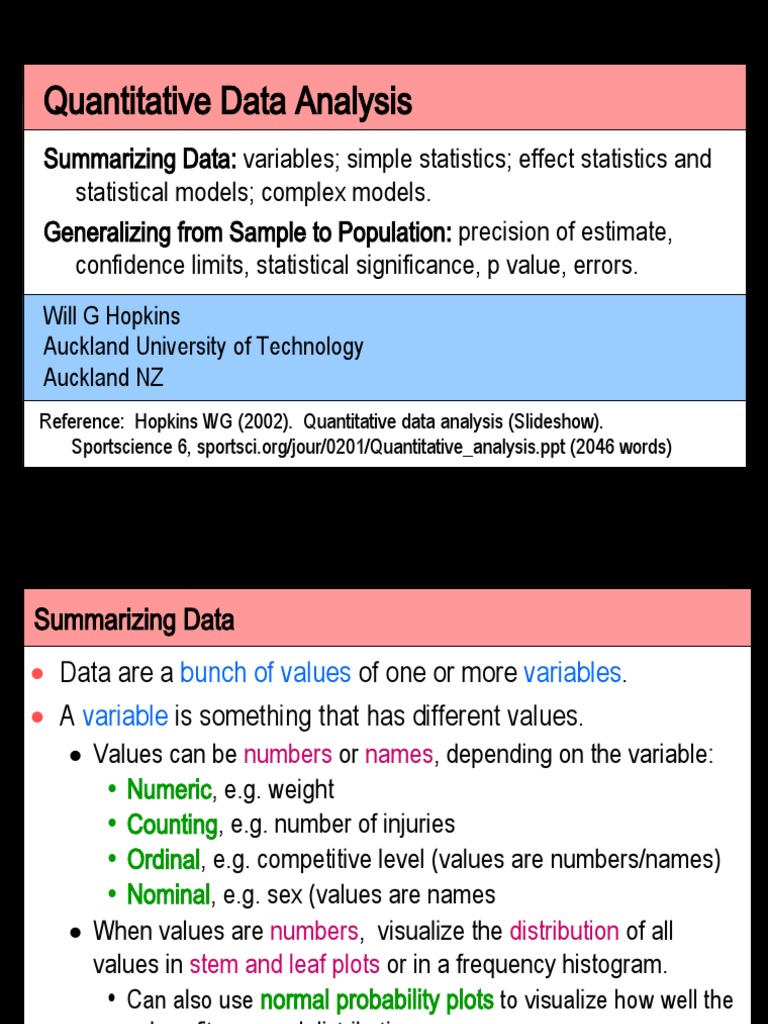Quantitative Data Analysis: Will G Hopkins Auckland University of Technology Auckland NZ | PDF ...