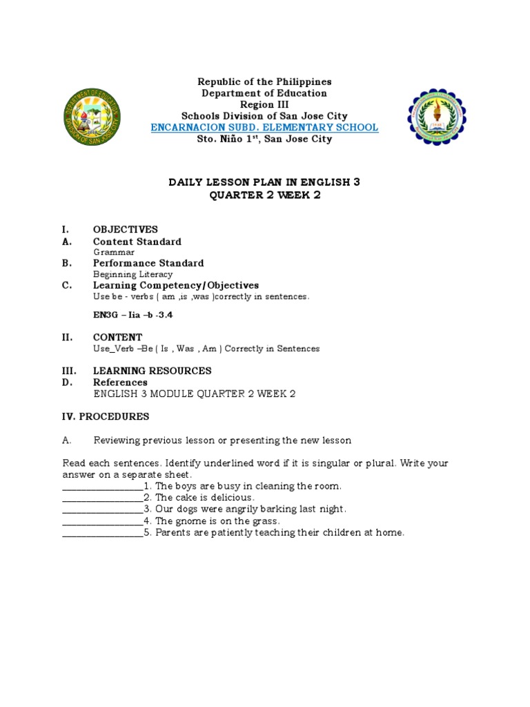 Daily Lesson Plan in English 3 Quarter 2 Week 2: Encarnacion Subd ...