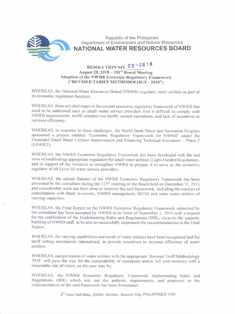 NWRB Economic Regulatory Framework 2019. Resolution - IRR | PDF