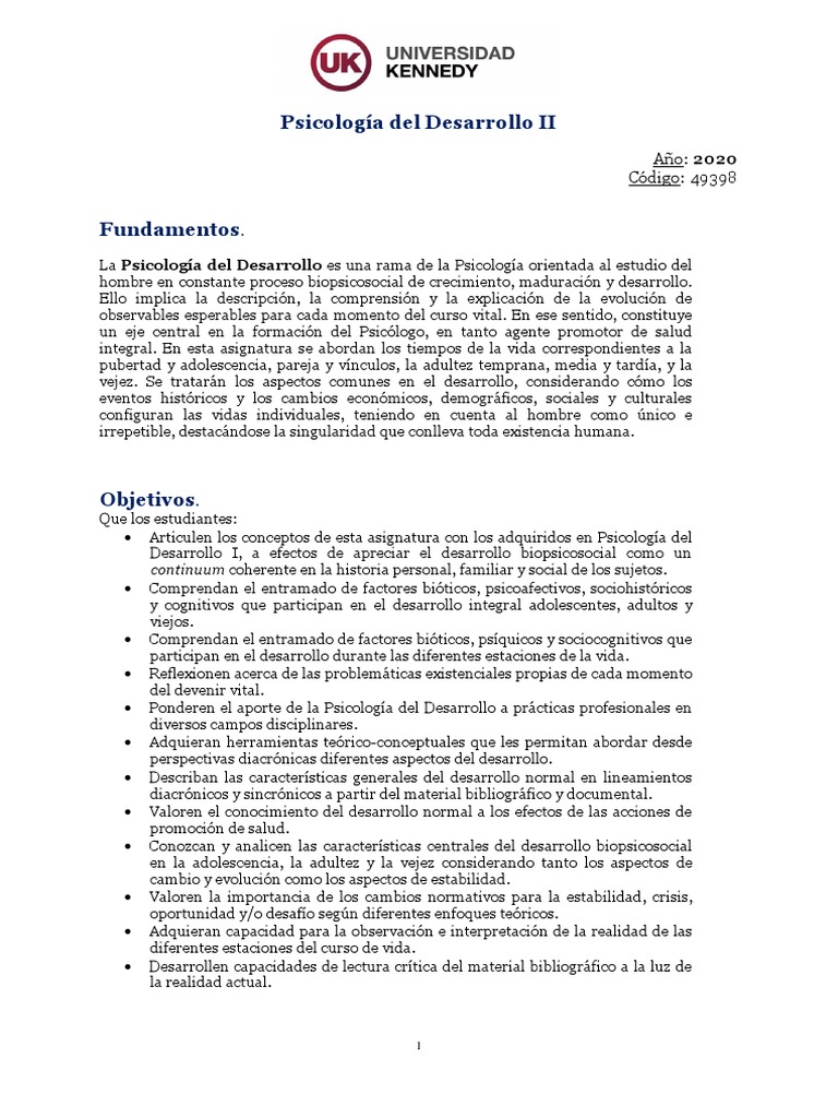 PROGRAMA Psicologia Del Desarrollo II - Año 2020 | PDF | Vejez | Adultos