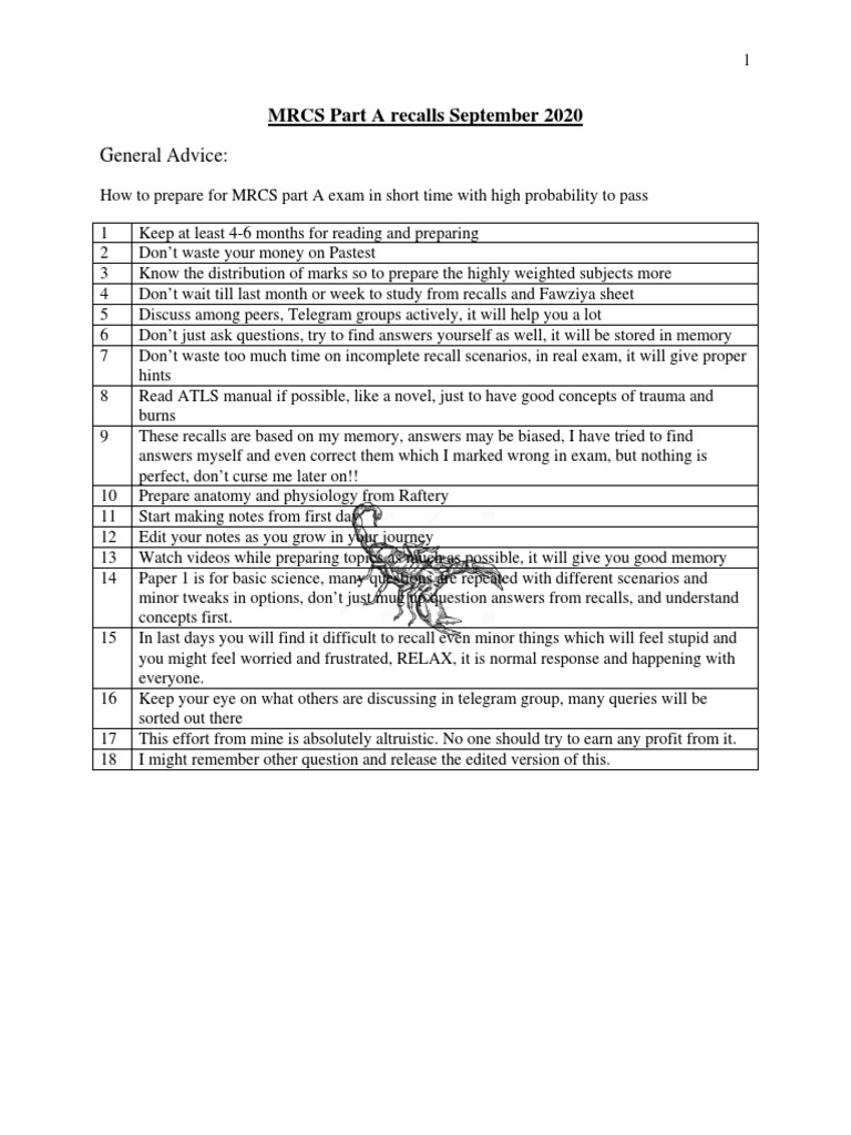 Version 1.0 MRCS A Recall September 2020 by Scorpio | PDF | Business