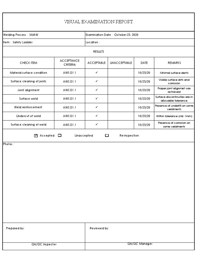 AWS D1.1 Visual Examination Report | PDF | Procedural Knowledge ...