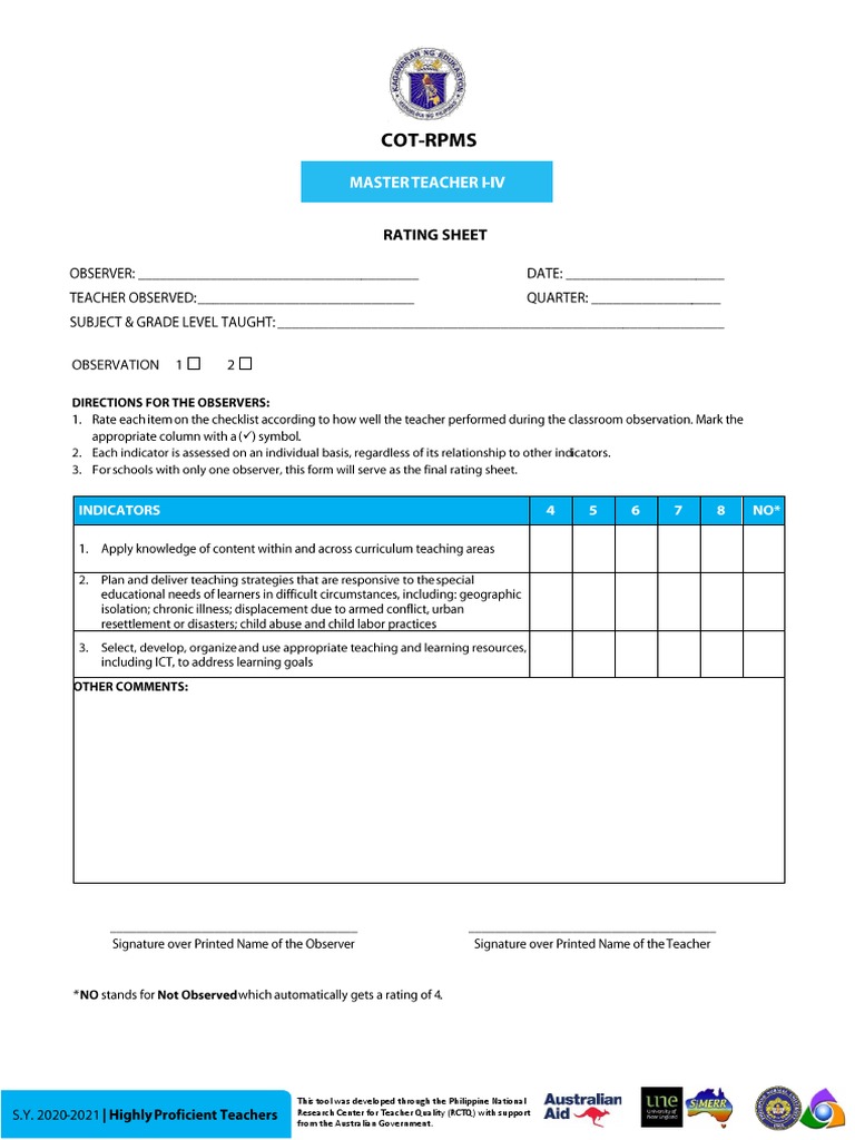 COT RPMS Rating Sheet For MT I IV For SY 2020 2021 in The Time of COVID ...