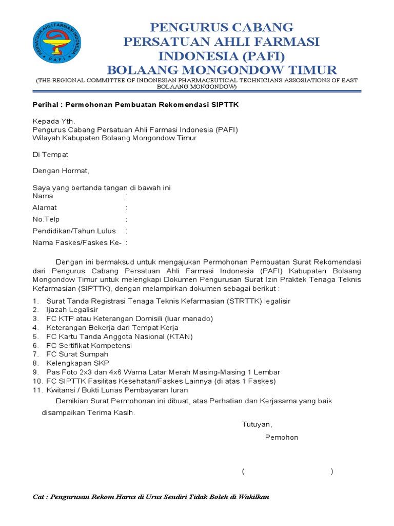 Form Permohonan Rekom Sipttk | PDF