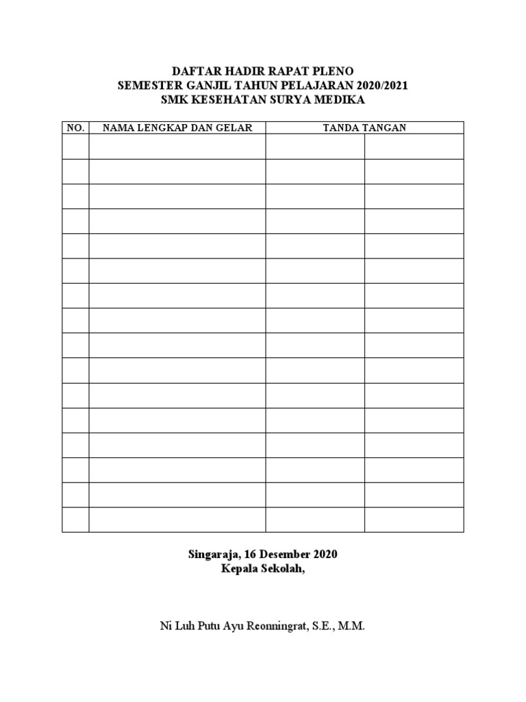 Daftar Hadir Rapat Pleno | PDF