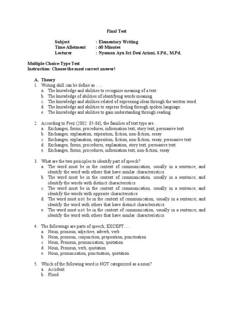 ELementary Writing Final Test Fixed | PDF | Adverb | Verb
