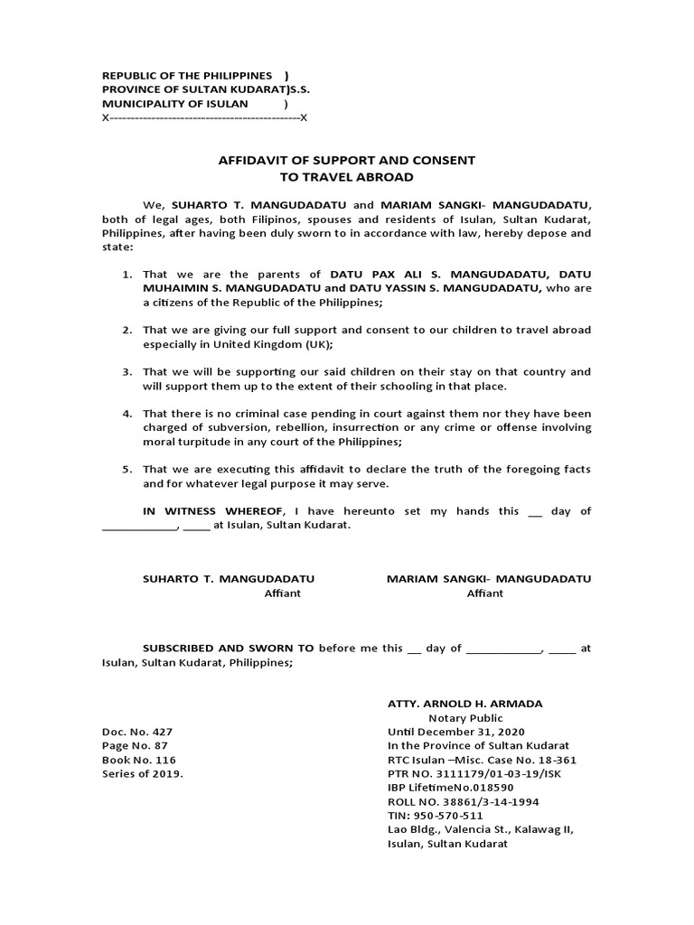 Affidavit of Support and Consent To Travel Abroad | PDF | Affidavit ...