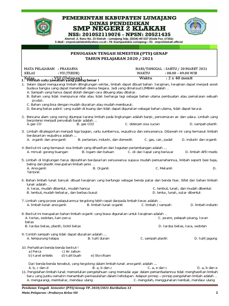 Soal PTS Genap Prakarya Kelas 7 | PDF