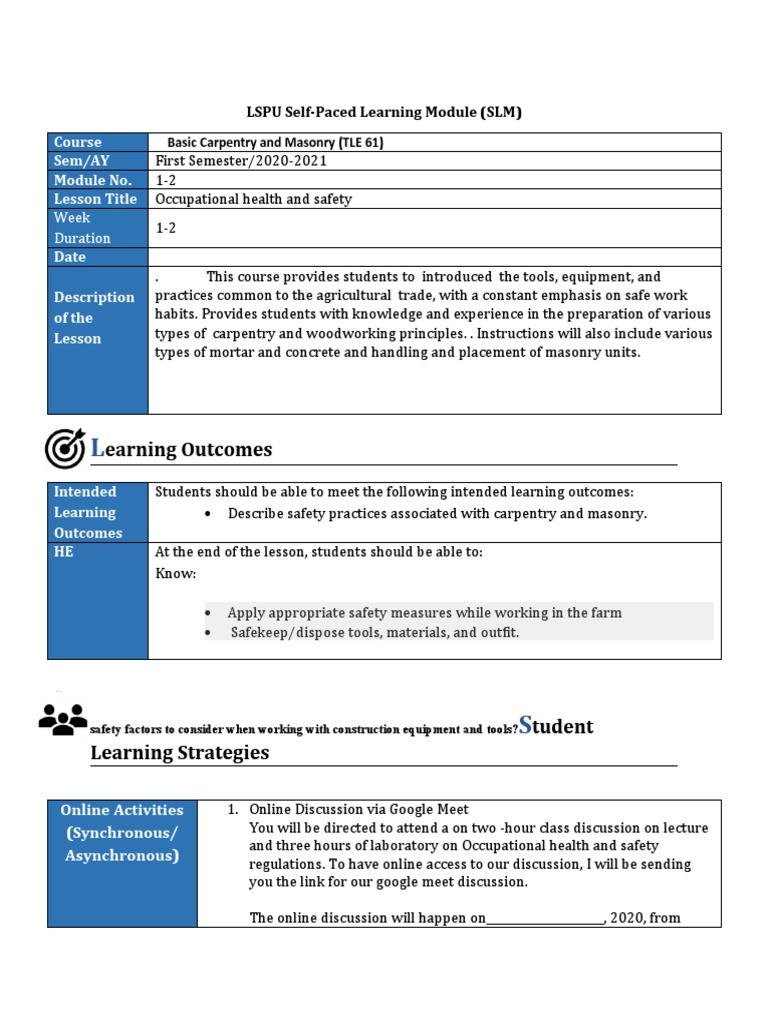 Module 1 Carpentry (Unfinished) | PDF | Personal Protective Equipment ...