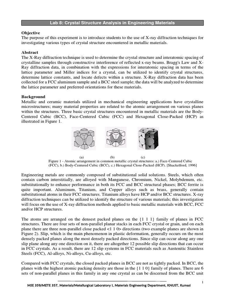 Lab 8 Crystal Structure Analysis in Engineering Materials | PDF | X Ray ...