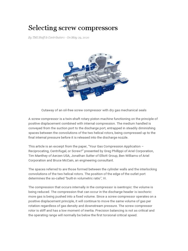 Selecting Screw Compressors | PDF | Lubricant | Liquids