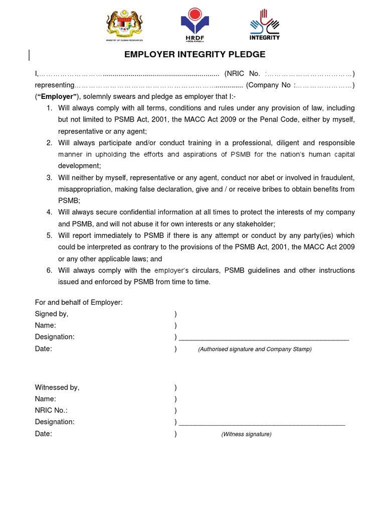 Employer Integrity Pledge: "Employer"), Solemnly Swears and Pledge As ...