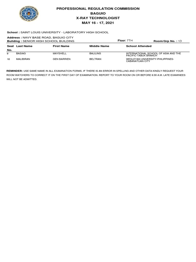 X-Ray Technologist Room Assignment Baguio 5-2021 | PDF | Radiology ...