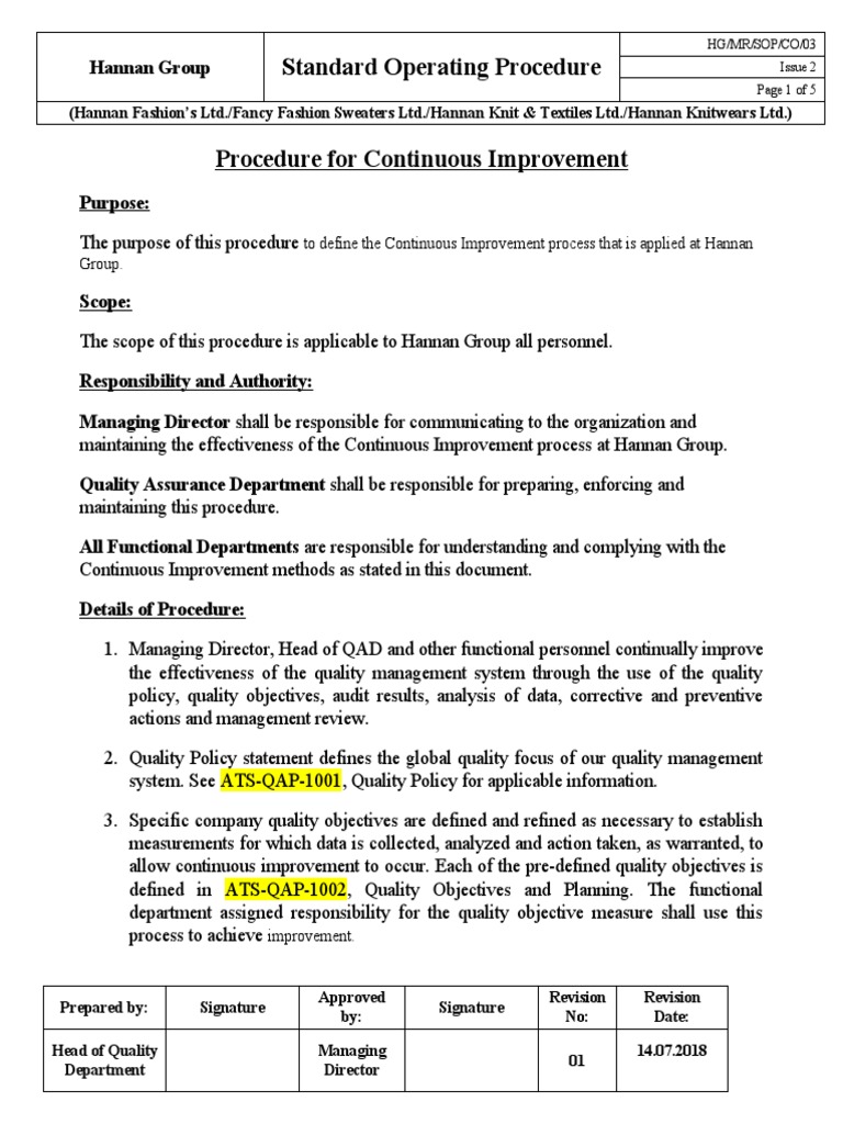 Procedure For Continuous Improvement | PDF | Quality Management | Audit