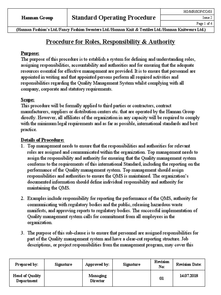 Procedure For Roles, Responsibility & Authority | PDF | Quality ...