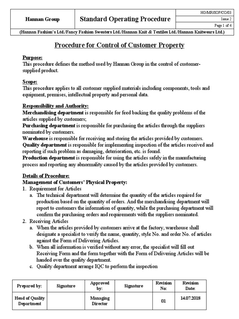 Procedure For Control of Customer Property | PDF | Specification ...