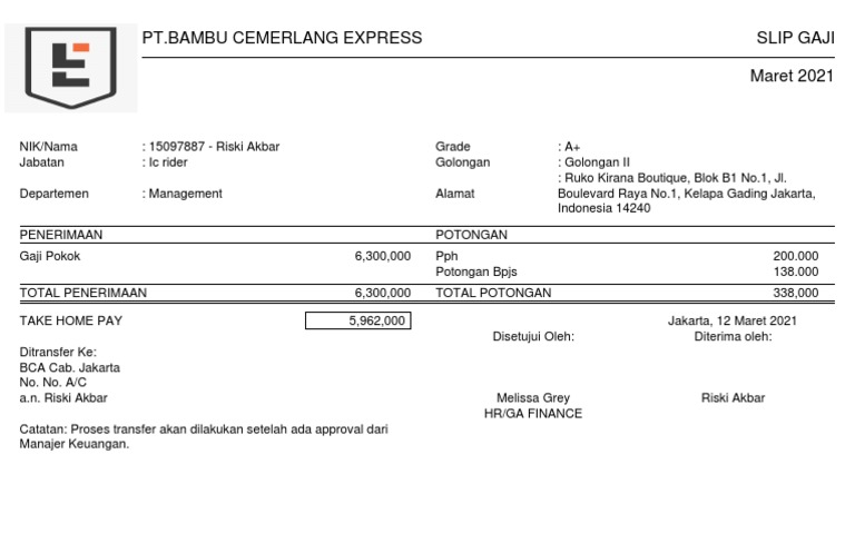 Slip Gaji PT Bambu Cemerlang Express | PDF