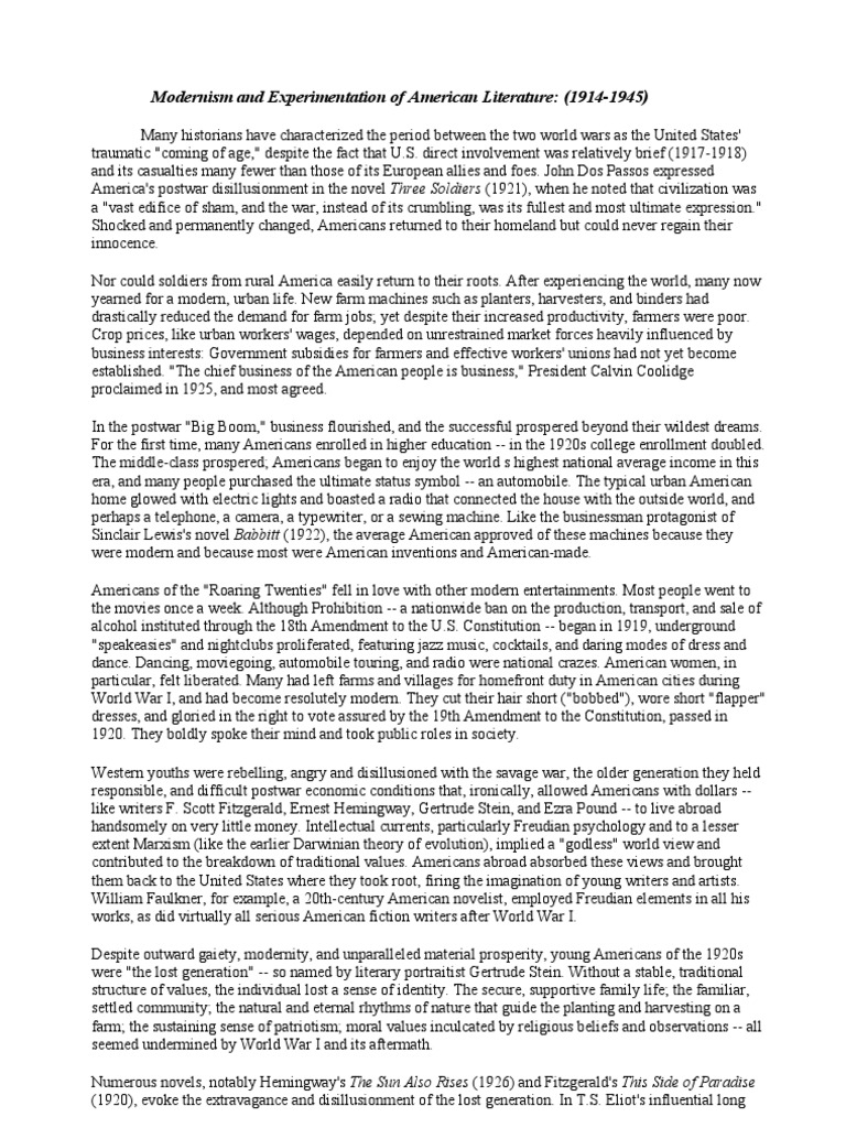 Modernism and Experimentation of American Literature: (1914-1945) | PDF ...