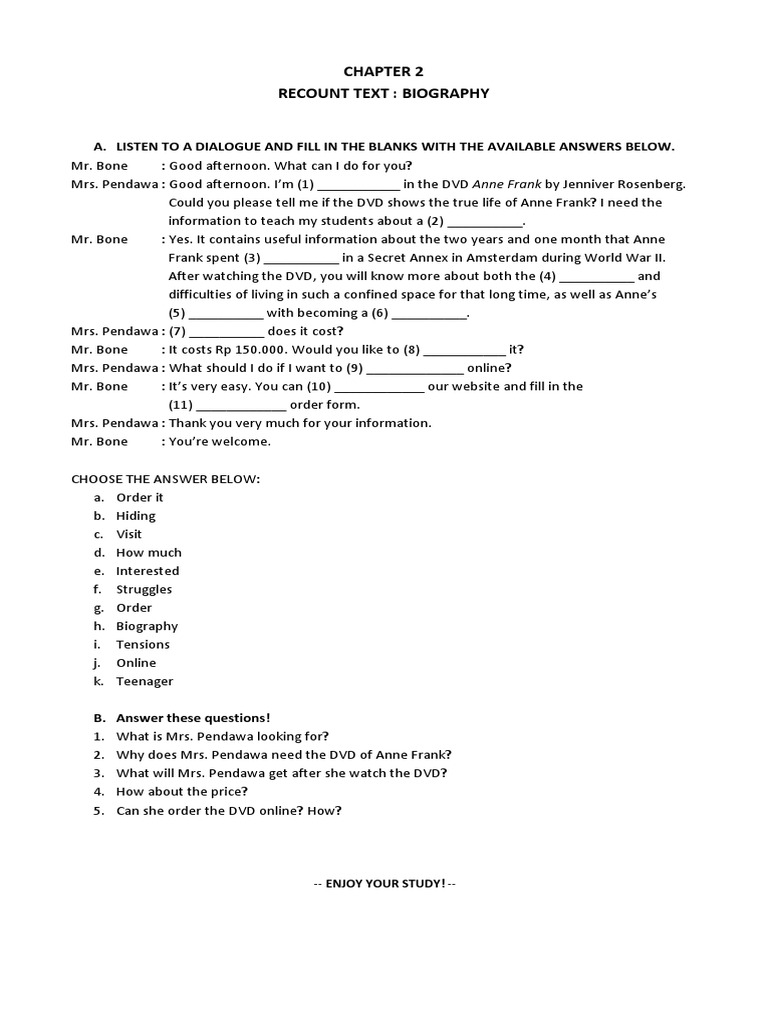 Recount Text: Biography: A. Listen To A Dialogue and Fill in The Blanks ...