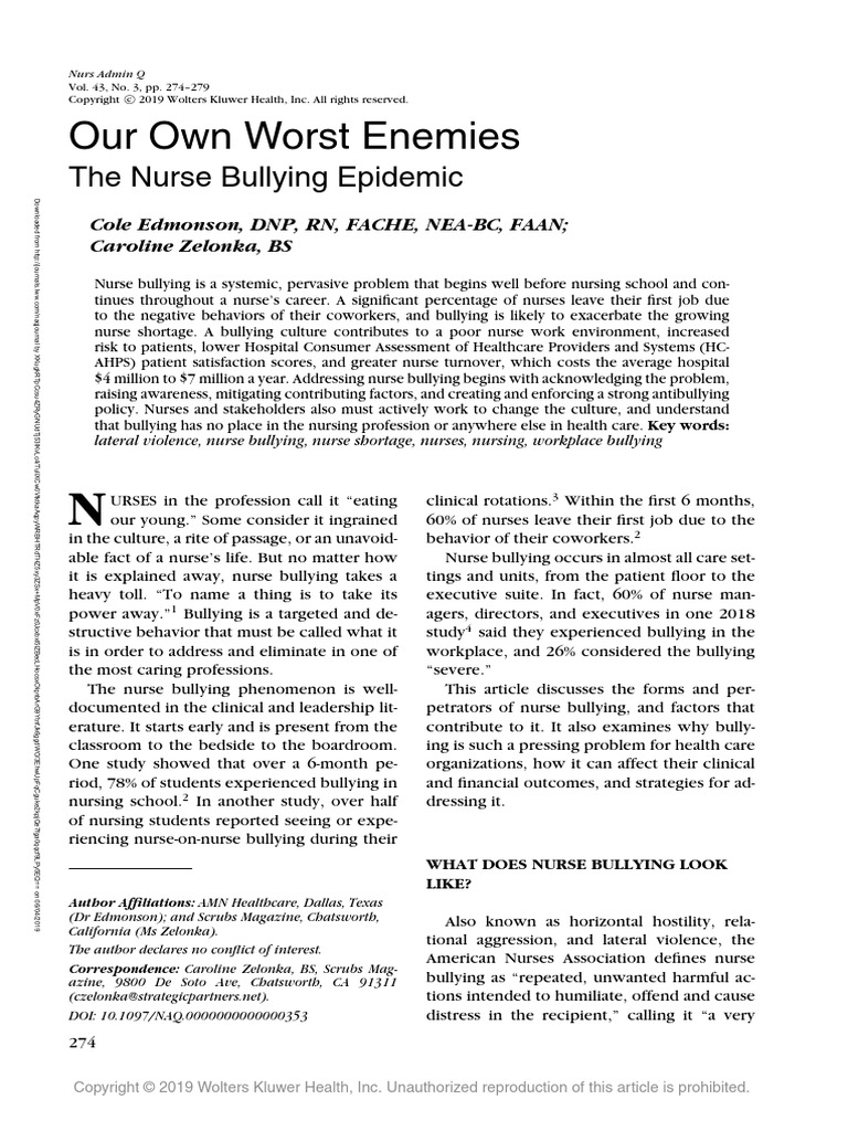Our Own Worst Enemies: The Nurse Bullying Epidemic. | PDF | Workplace ...