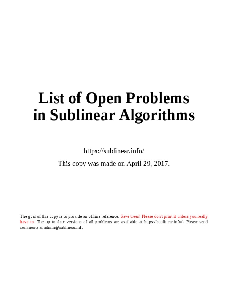 List Of Open Problems In Sublinear Algorithms This Copy Was Made On April 29 2017 Pdf