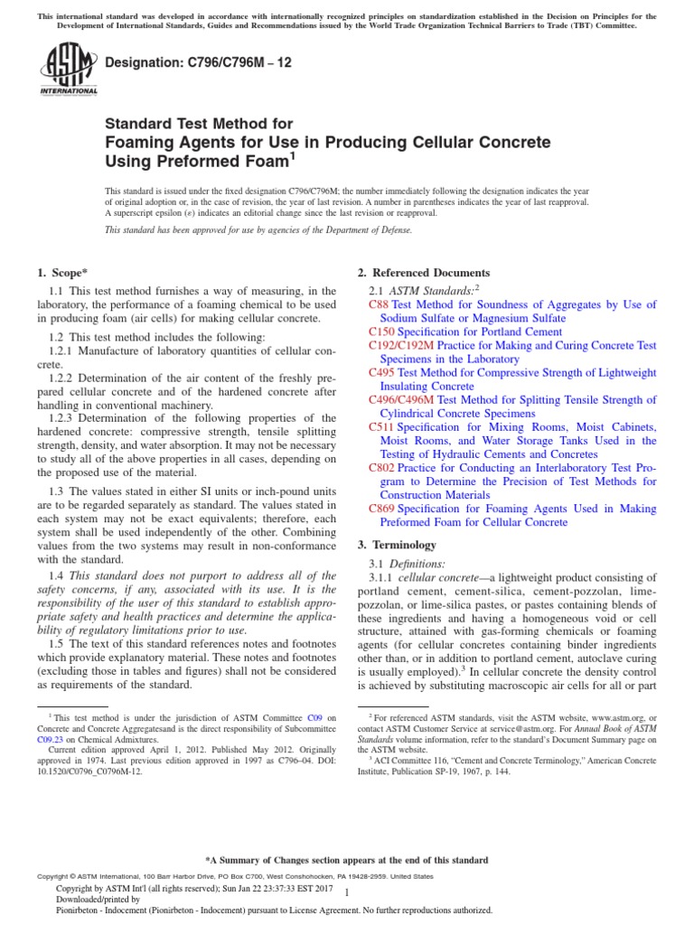 C796-12 Foaming Agents For Usein Producing Cellular Concrete Using ...