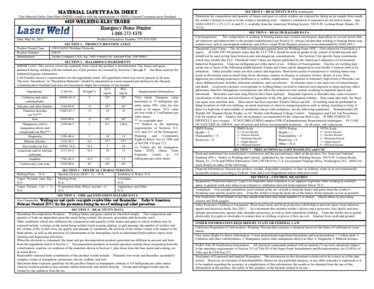 MSDS E6010 Welding Rods Welding Electrodes Welding Sticks | PDF ...