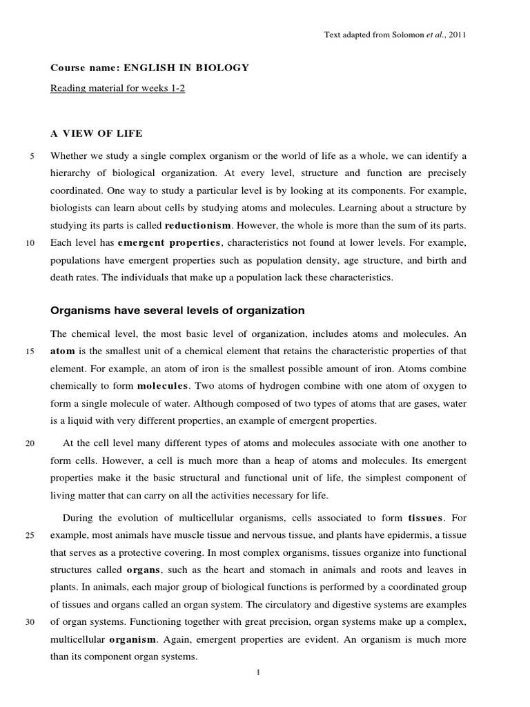Course Name: English in Biology: Organisms Have Several Levels of ...