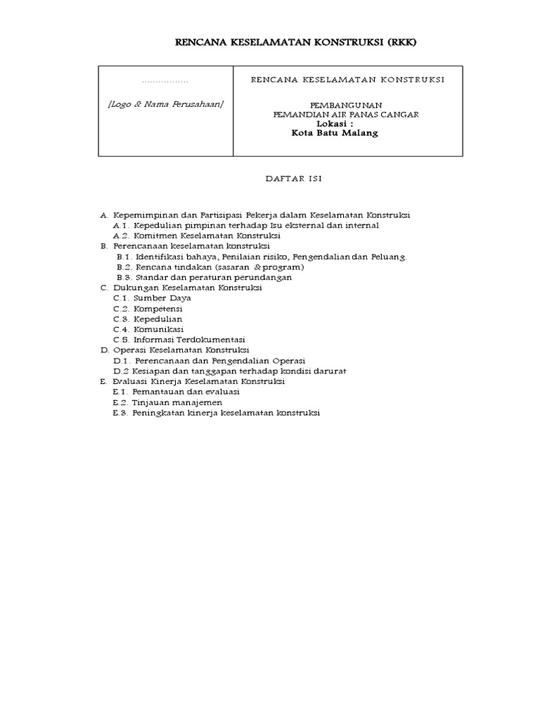 Dok Rencana Keselamatan Kerja RKK - Rev 1 | PDF