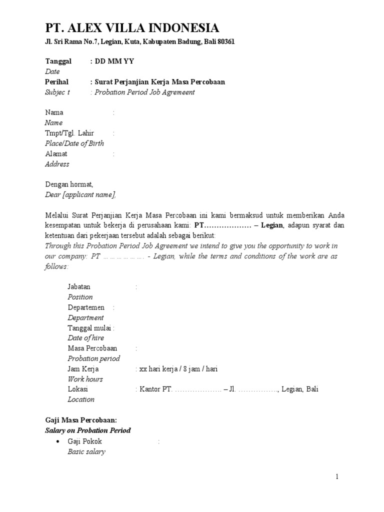 Surat Perjanjian Kerja (Masa Percobaan) - Probation Period Job ...