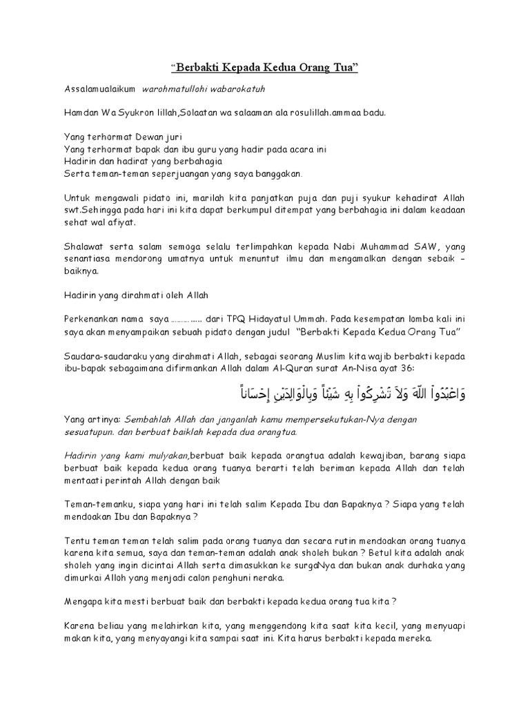 Pidato Berbakti Kepada Kedua Orang Tua Untuk Fasi Anak Terbaru | PDF