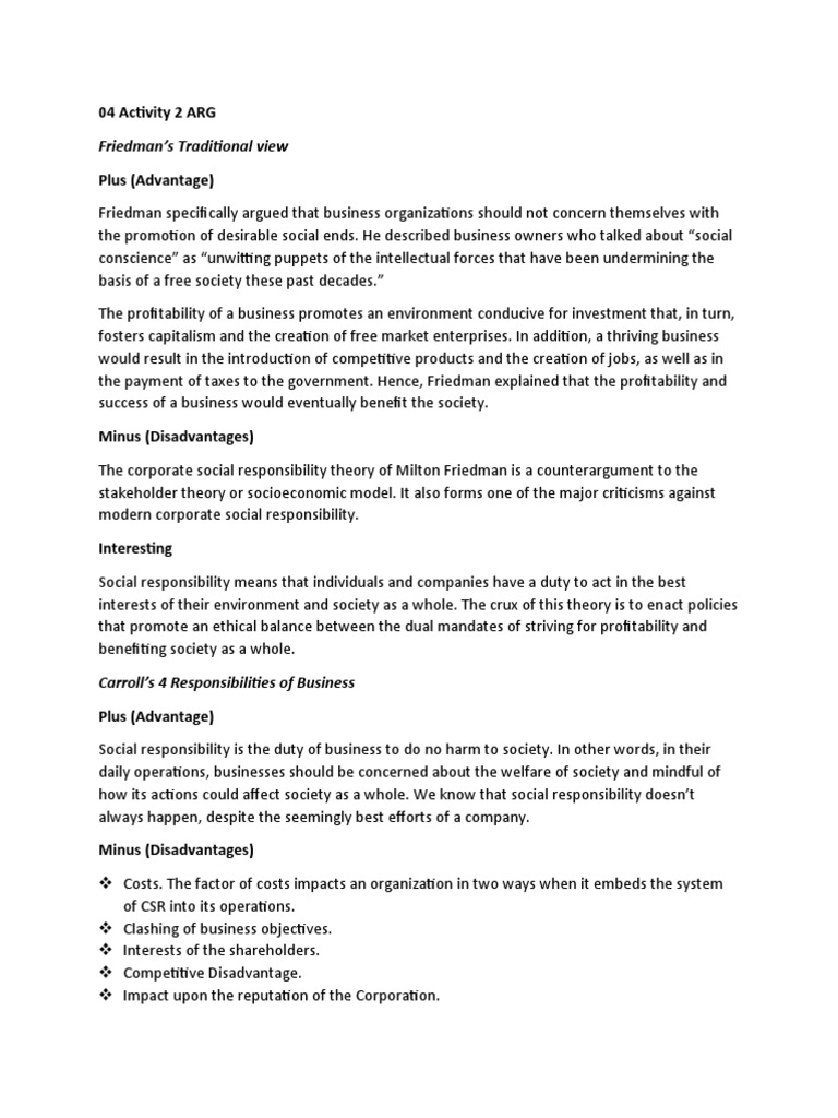 Friedman's Traditional View: 04 Activity 2 ARG | PDF | Corporate Social ...