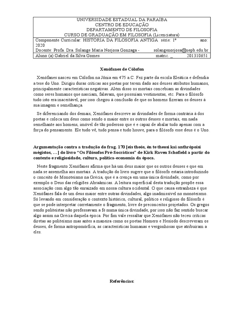Capítulo V - XENÓFANES DE CÓLOFON | PDF | Mitologia grega | Deus