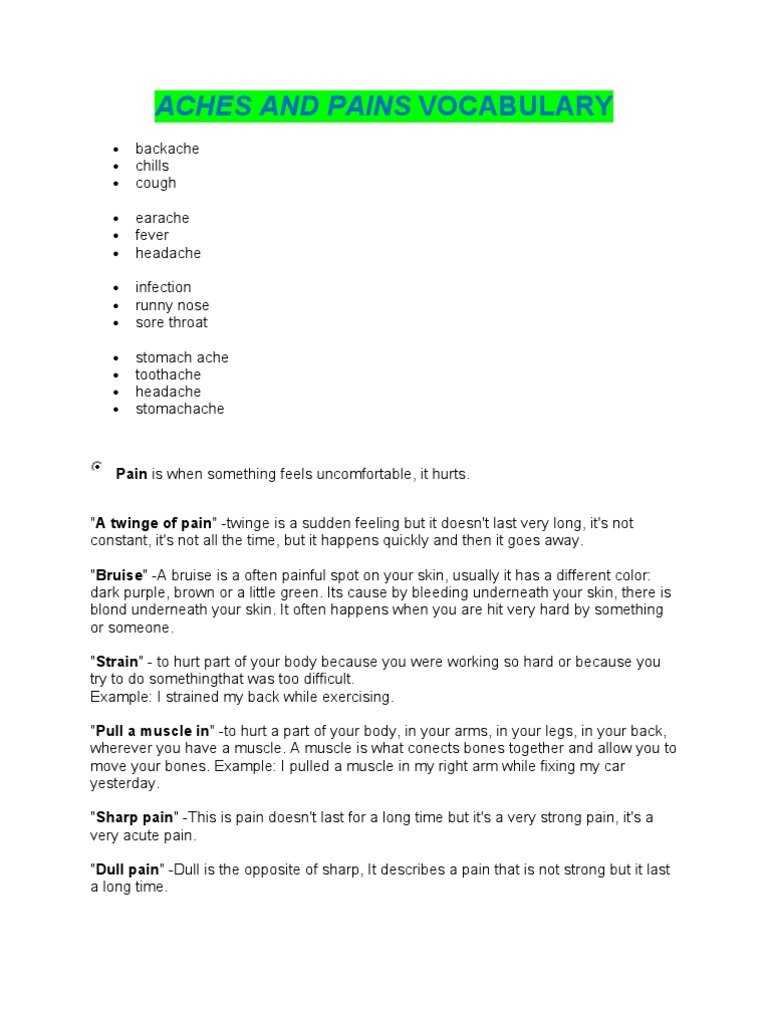 Aches and Pains Vocabulary Guide | PDF | Pain | Diseases And Disorders