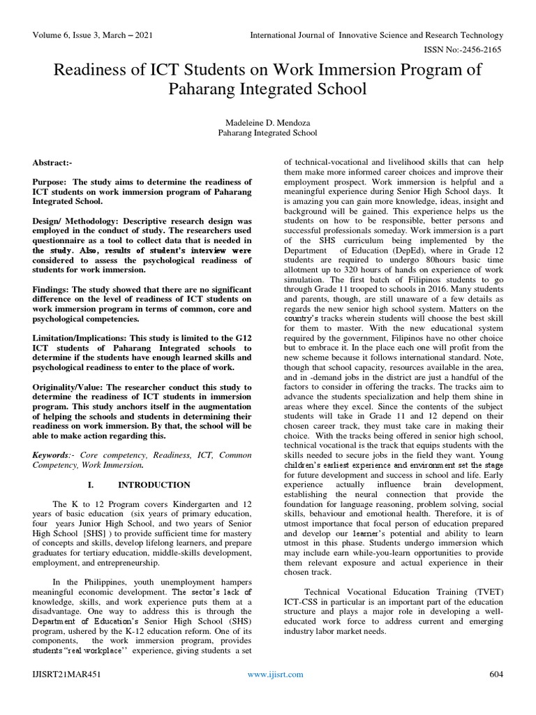 Readiness of ICT Students On Work Immersion Program of Paharang ...