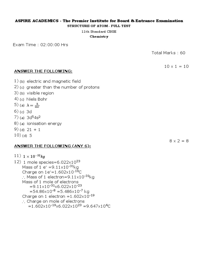 Answer 11 C Structure of Atom - Full Test | PDF | Atomic Orbital ...