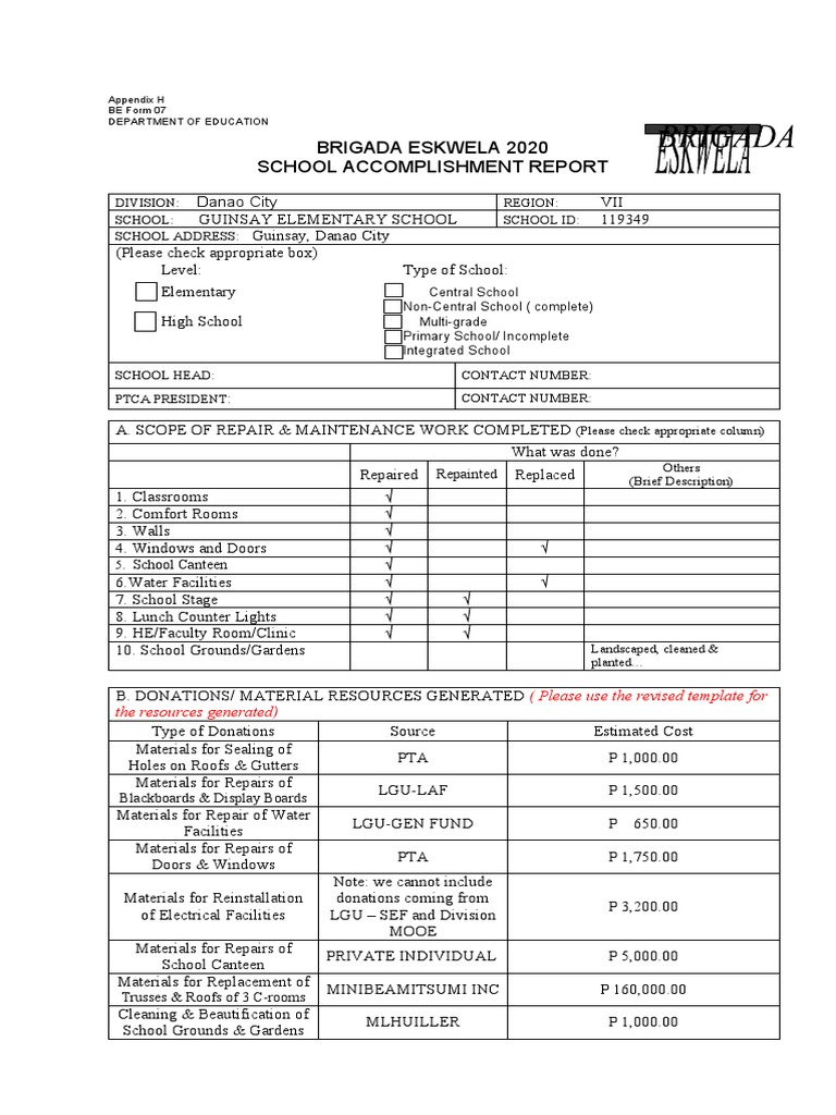 Brigada Eskwela 2020 School Accomplishment Report: Repainted | PDF ...